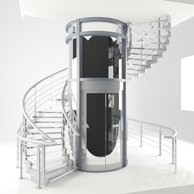 a spiral staircase and elevator round - Staircase - 3D model