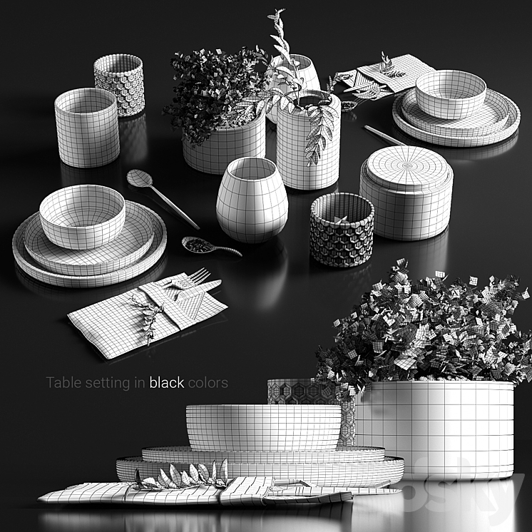 Table setting in black colors - Tableware - 3D model