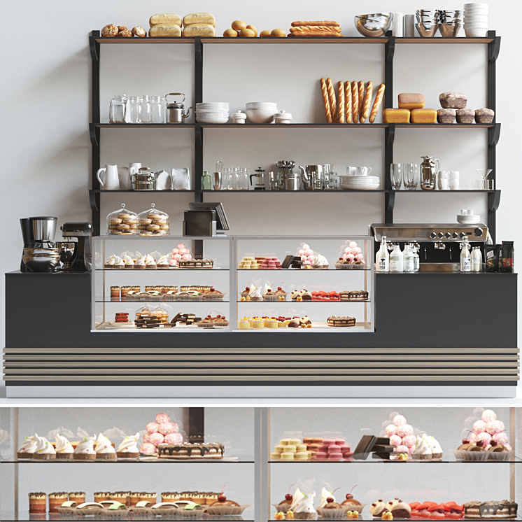 Design project of a coffee point in a minimalist style with a showcase ...