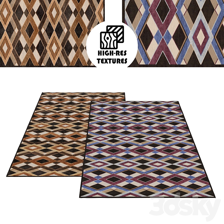 Large Geometric Colorful Rhombus Rug Set - Carpets - 3D model