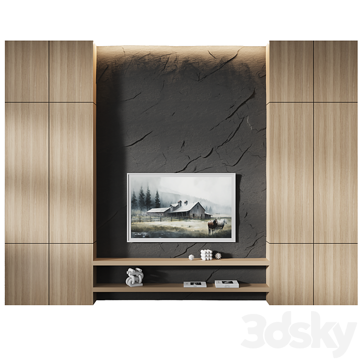 Modern TV Stand, Stone wall panels - TV Wall - 3D model