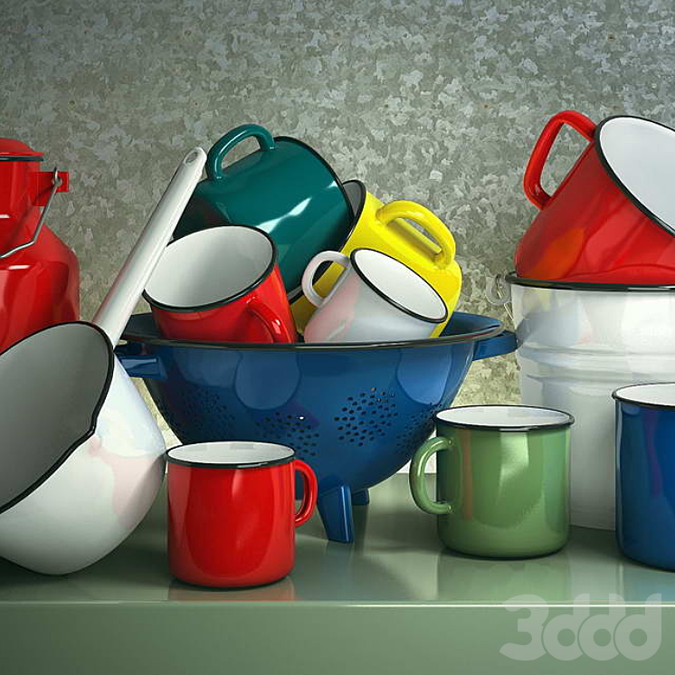 Набор эмалированной посуды - Посуда - 3D модель