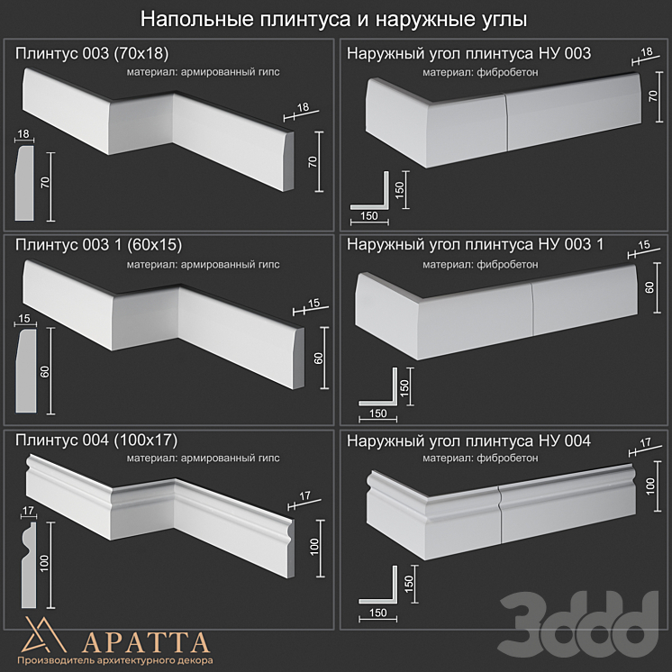 Напольные плинтуса и наружные углы 003, 003 1, 004 - Лепнина - 3D модель