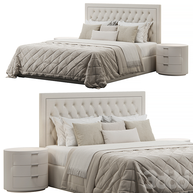 Tufted Upholstered Beige Headboard Bed - Кровати - 3D модель